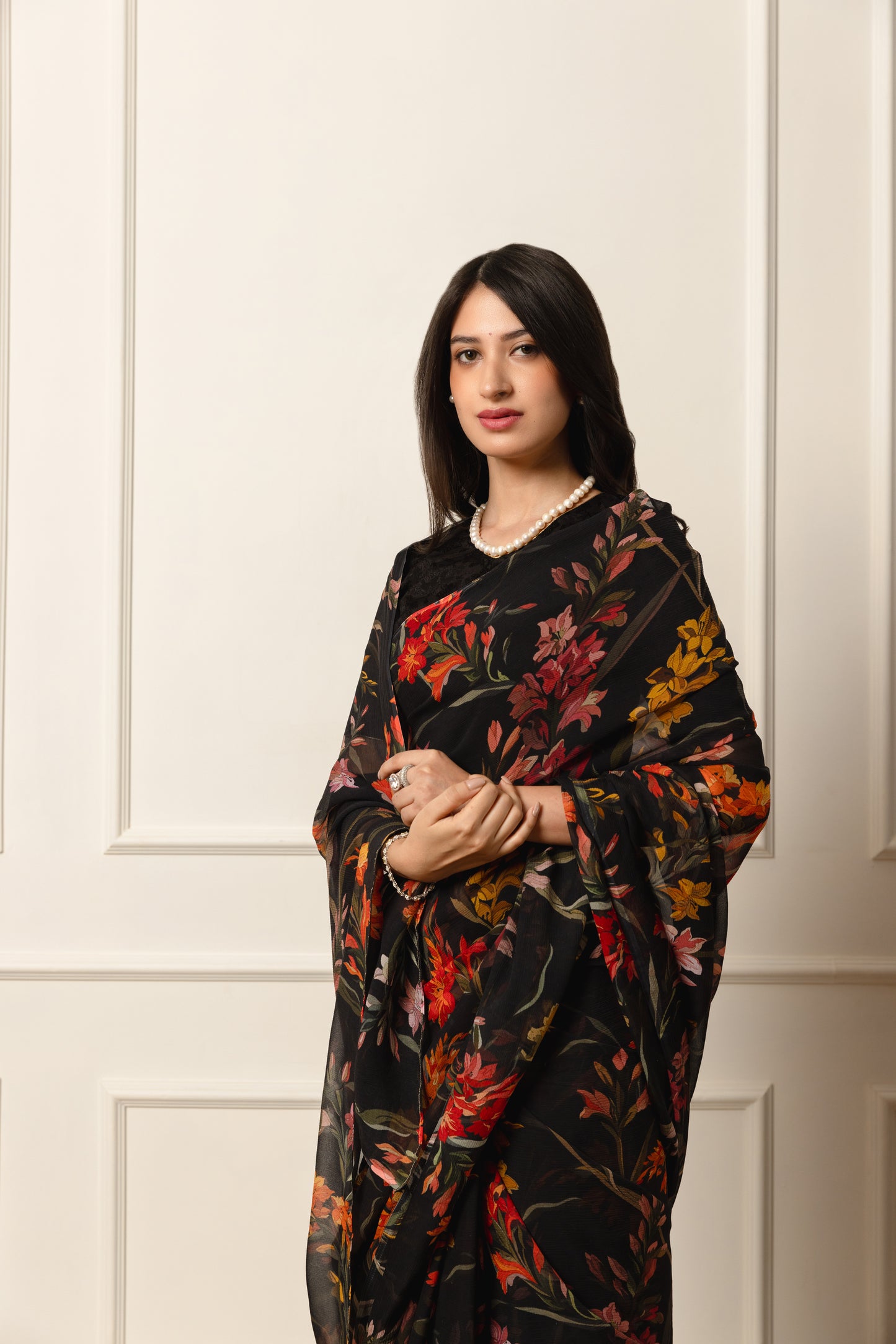 Camille Printed French Chiffon Saree – Atelier Shikaarbagh